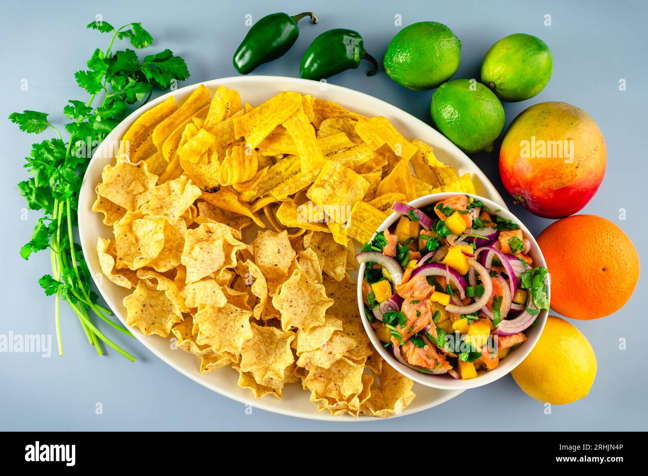 Salmon Ceviche with Mango Served with Plantain and Tortilla Chips: A ...