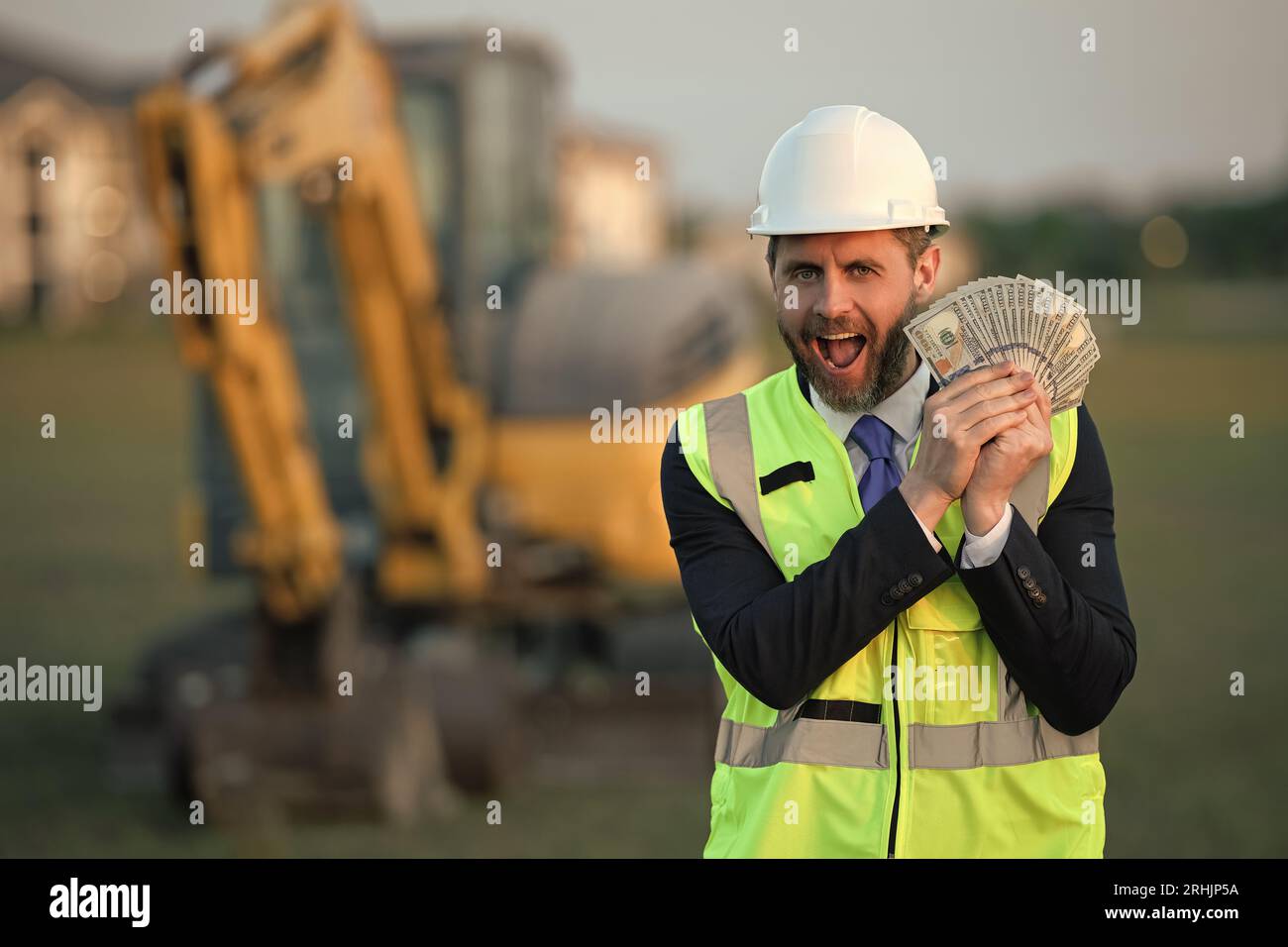 inspector man with money budget wearing helmet, advertisement. photo of ...