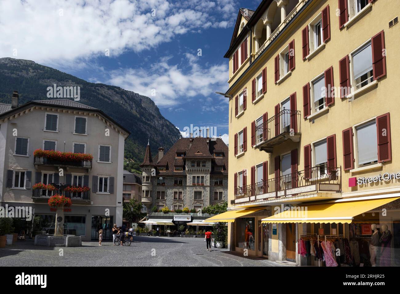BRIG, SWITZERLAND, 17 JULY 2023: View of shops and restaurants in the ...