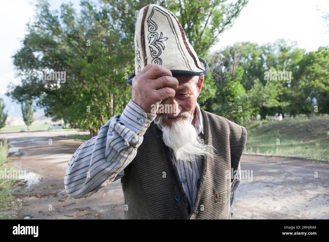 A man in Naryn Province, Kyrgyzstan, wears a traditional Kyrgyz ak ...
