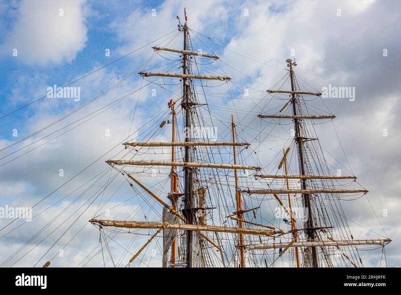Close up of the rig of an old sailing vessel in the harbor of the ...