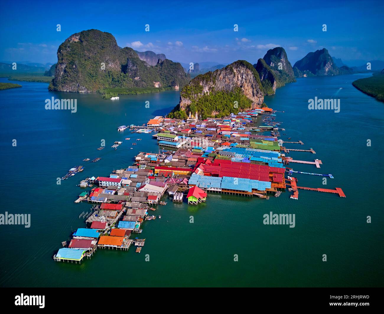 Thailand, Phang Nga Bay, Ao Phang Nga national park, aerial view of muslim flotting fisher ...