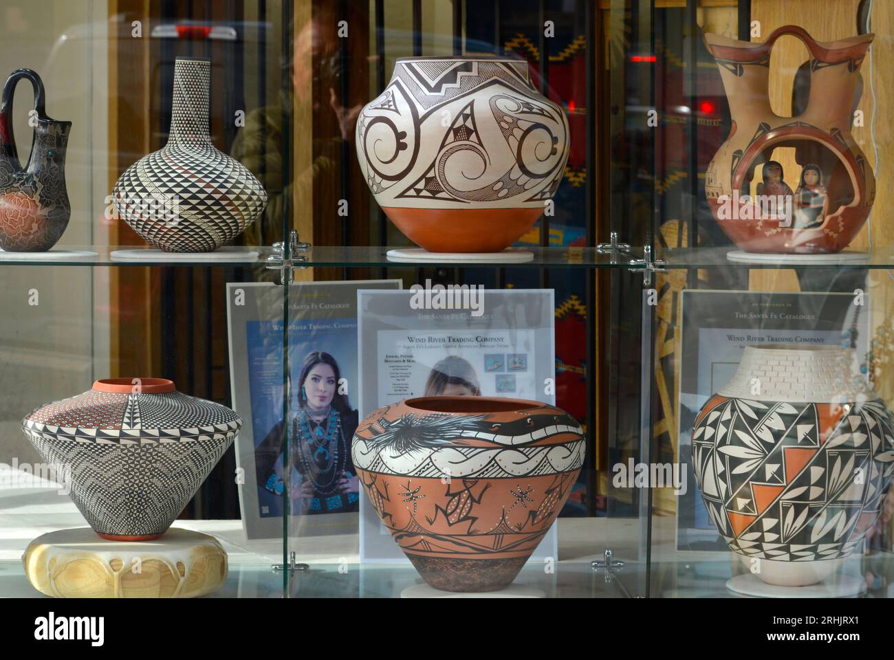 Native-American pottery on display in a shop window in Santa Fe, New ...