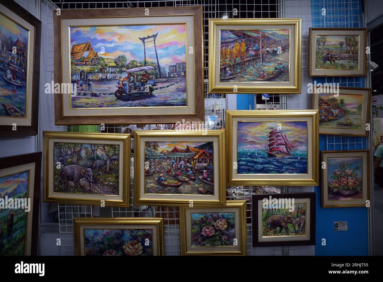 oil paintings with frames in the gallery Stock Photo - Alamy