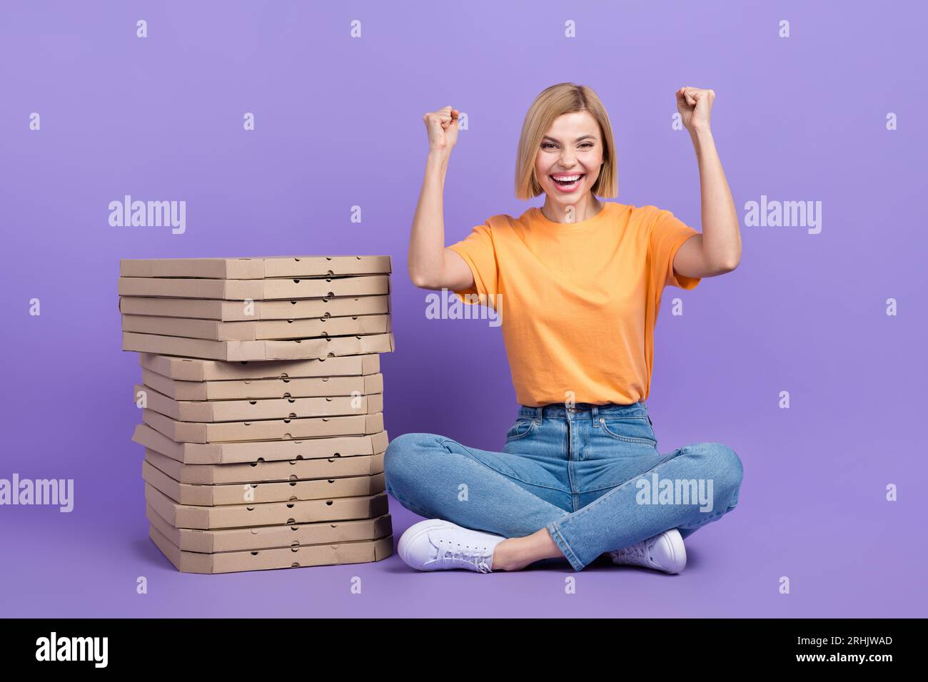 Photo banner advertisement of young screaming woman raised fists up ...