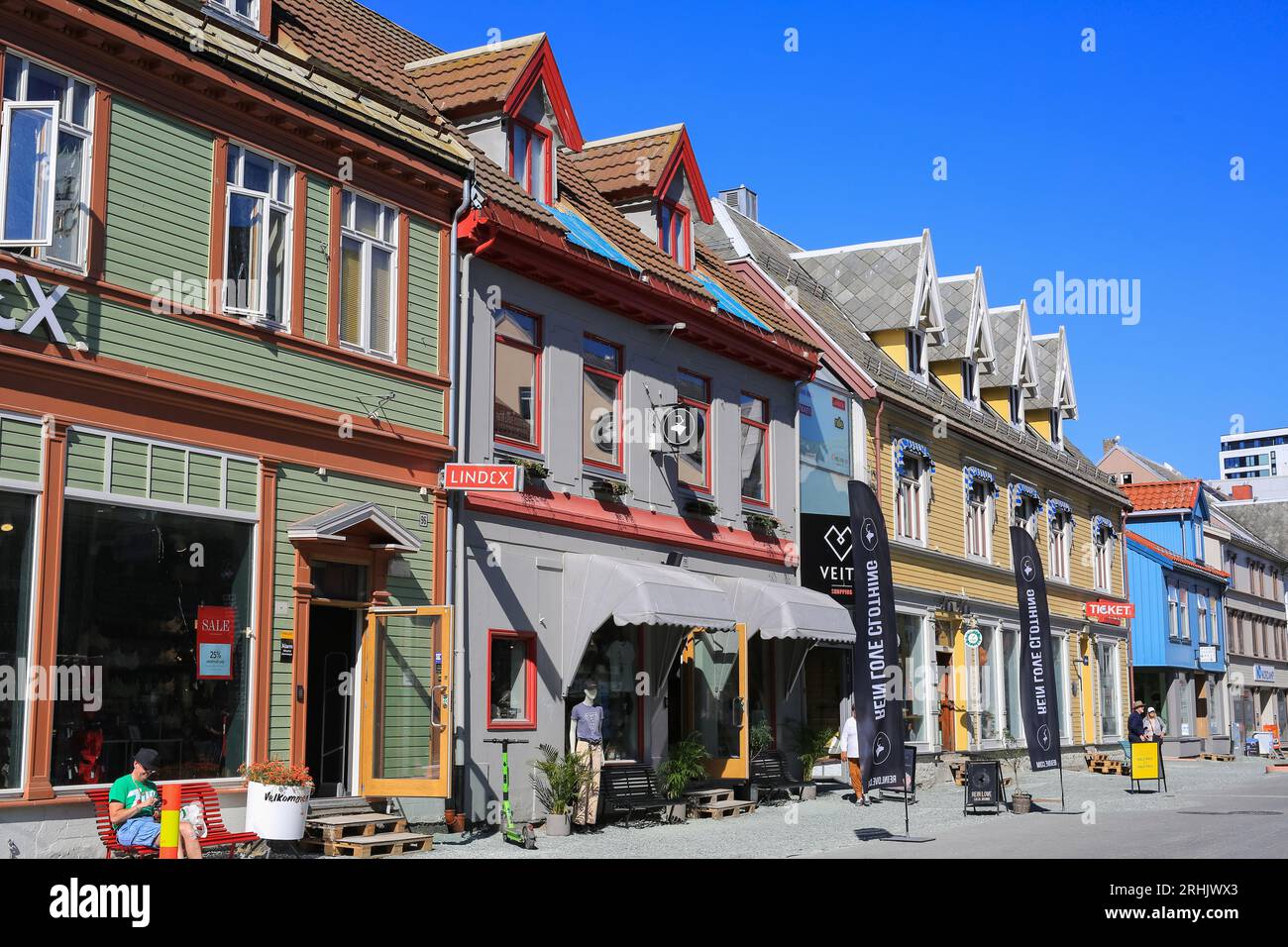 Tromsoe Norway 07/31/2023 Storgata is Tromsø's main street. The street ...
