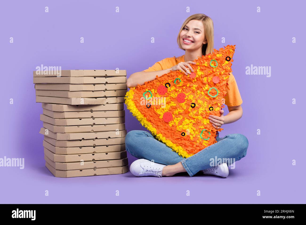 Full body photo of sitting floor young woman eating pizza slice italian ...