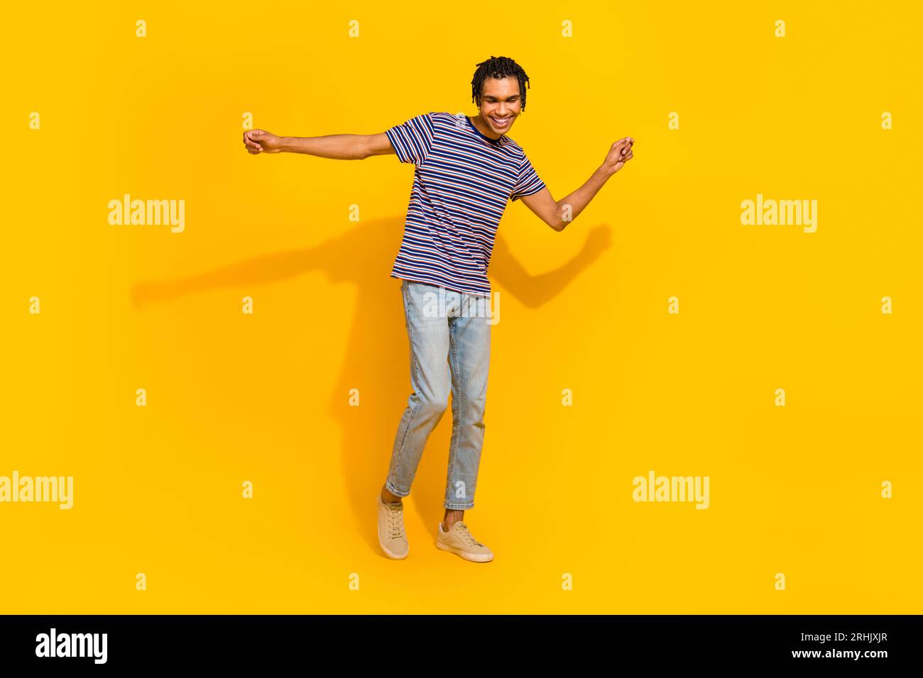 Full body portrait of overjoyed nice person have good mood dancing ...