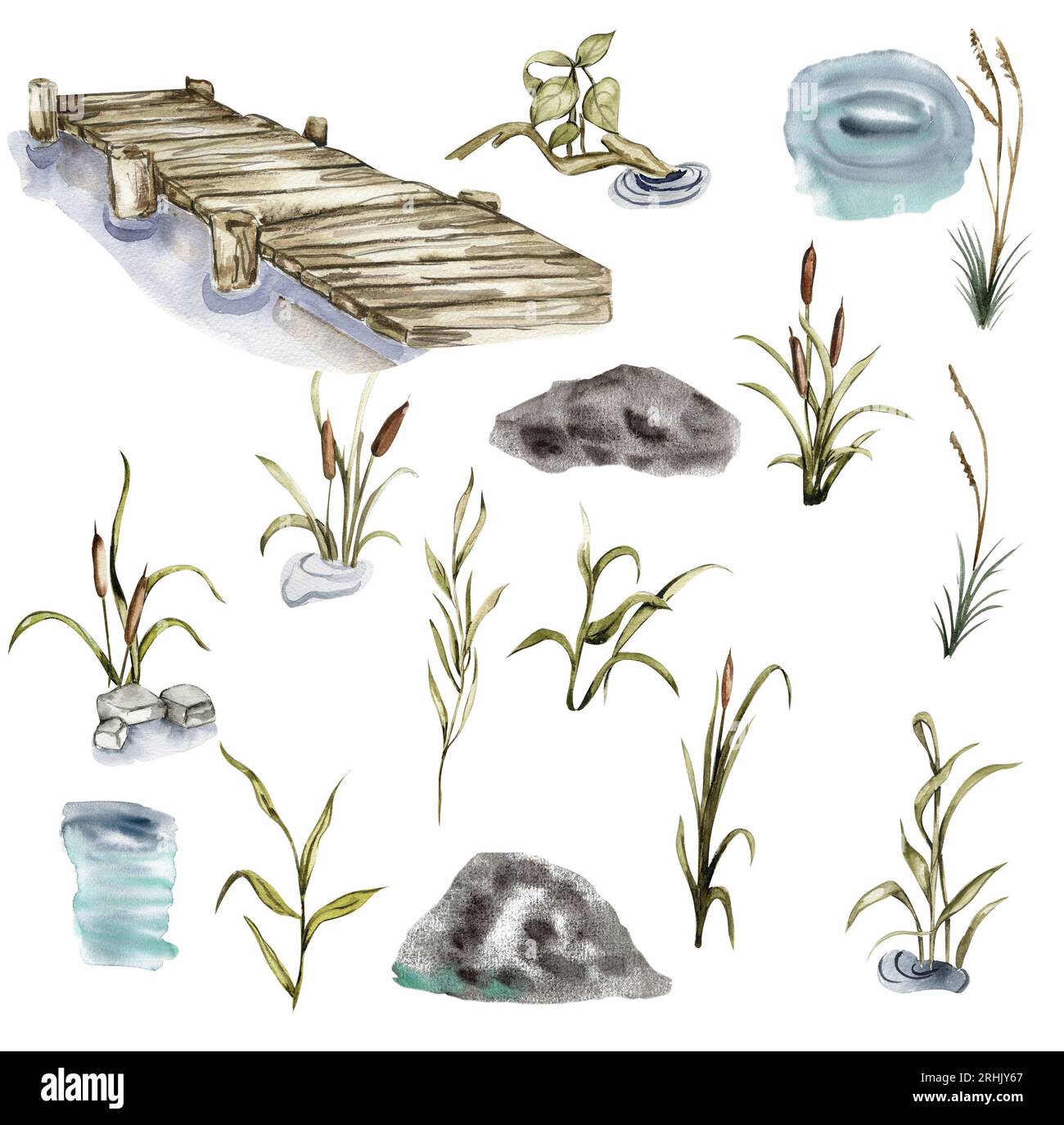 Watercolor hand drawn pier on the lake and river reeds. Watercolor ...