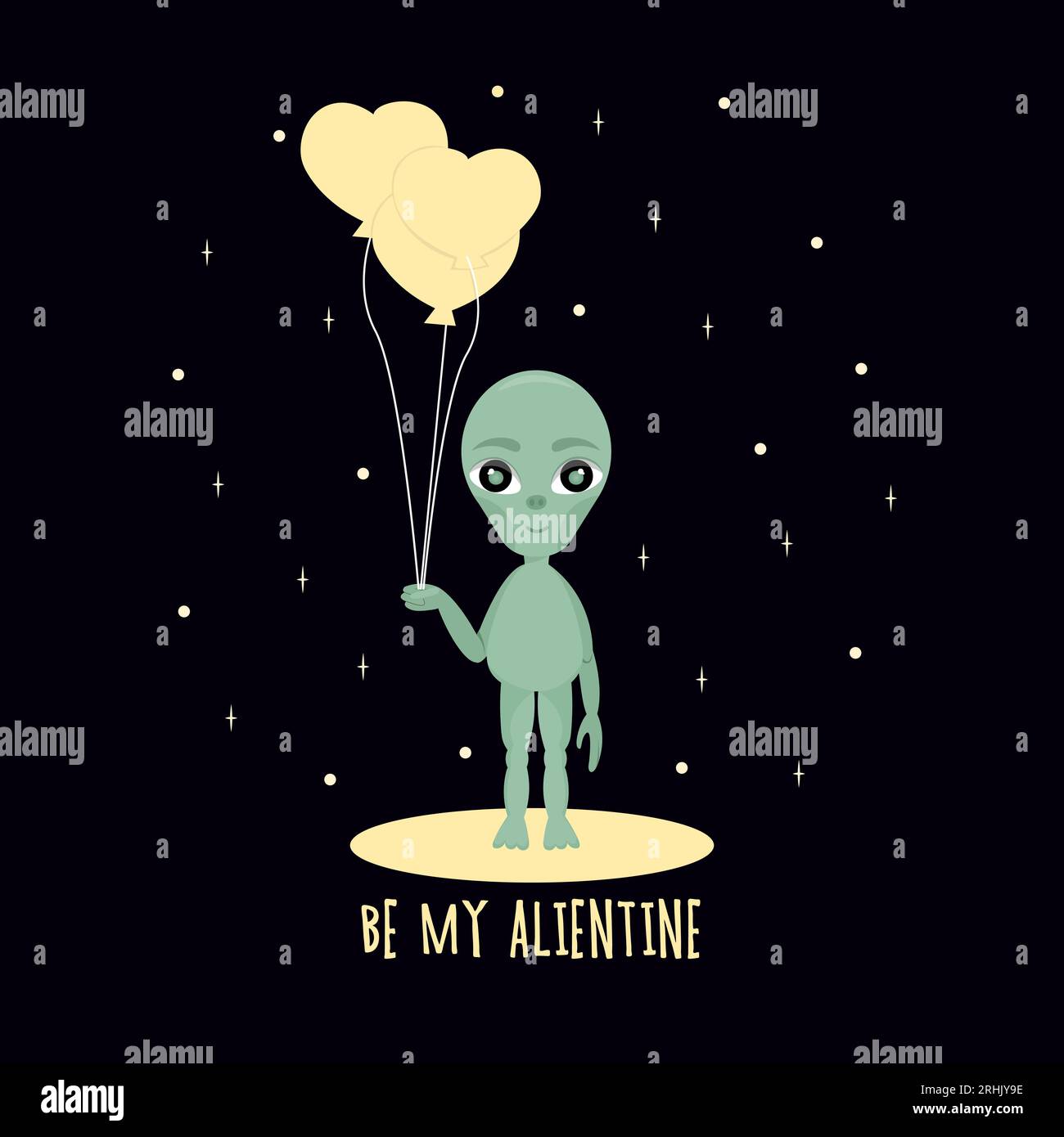 A cute alien holds a Heart Shaped Balloons. A card that says be my ...
