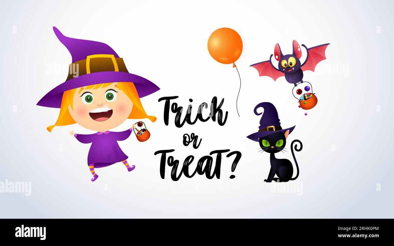 Trick Or Treat Lettering With Girl Wearing Witch Costume And Cat Stock