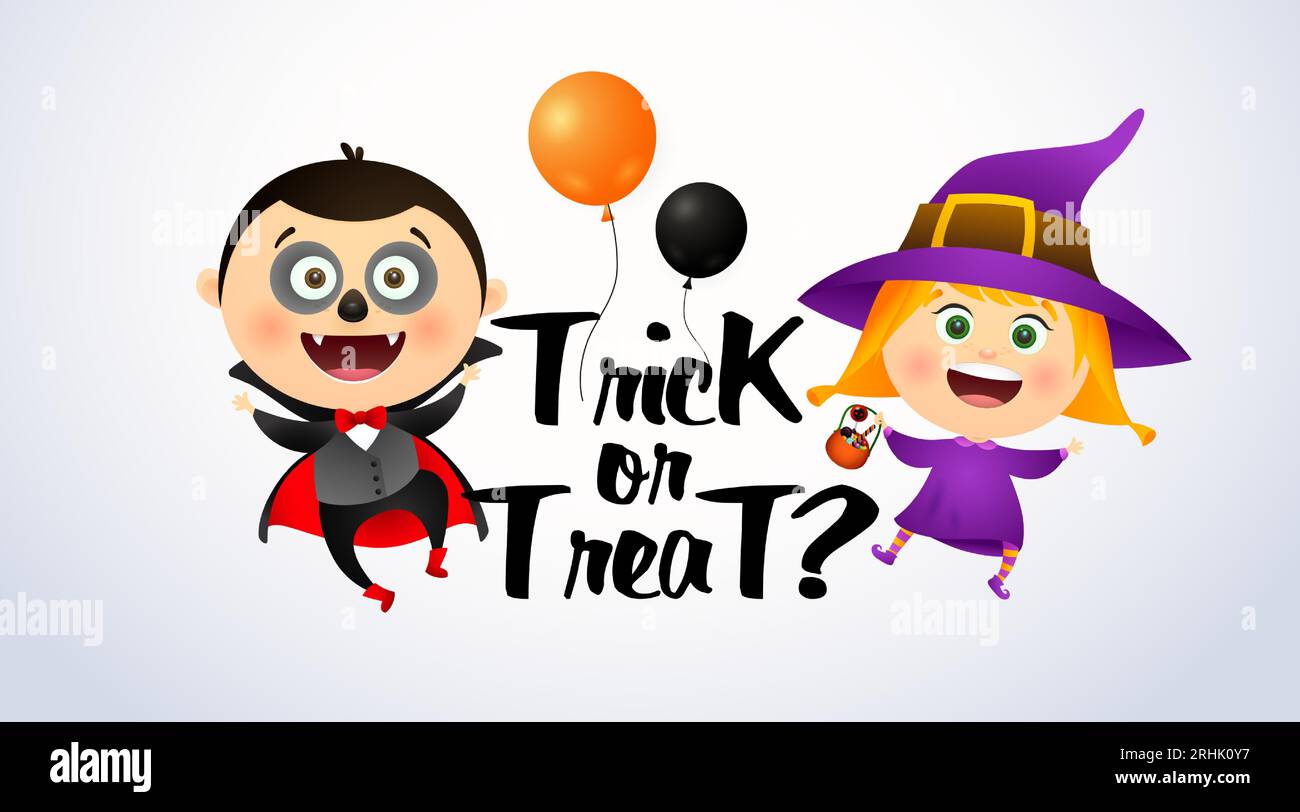 Trick or Treat lettering with kids in witch and Dracula costumes Stock ...