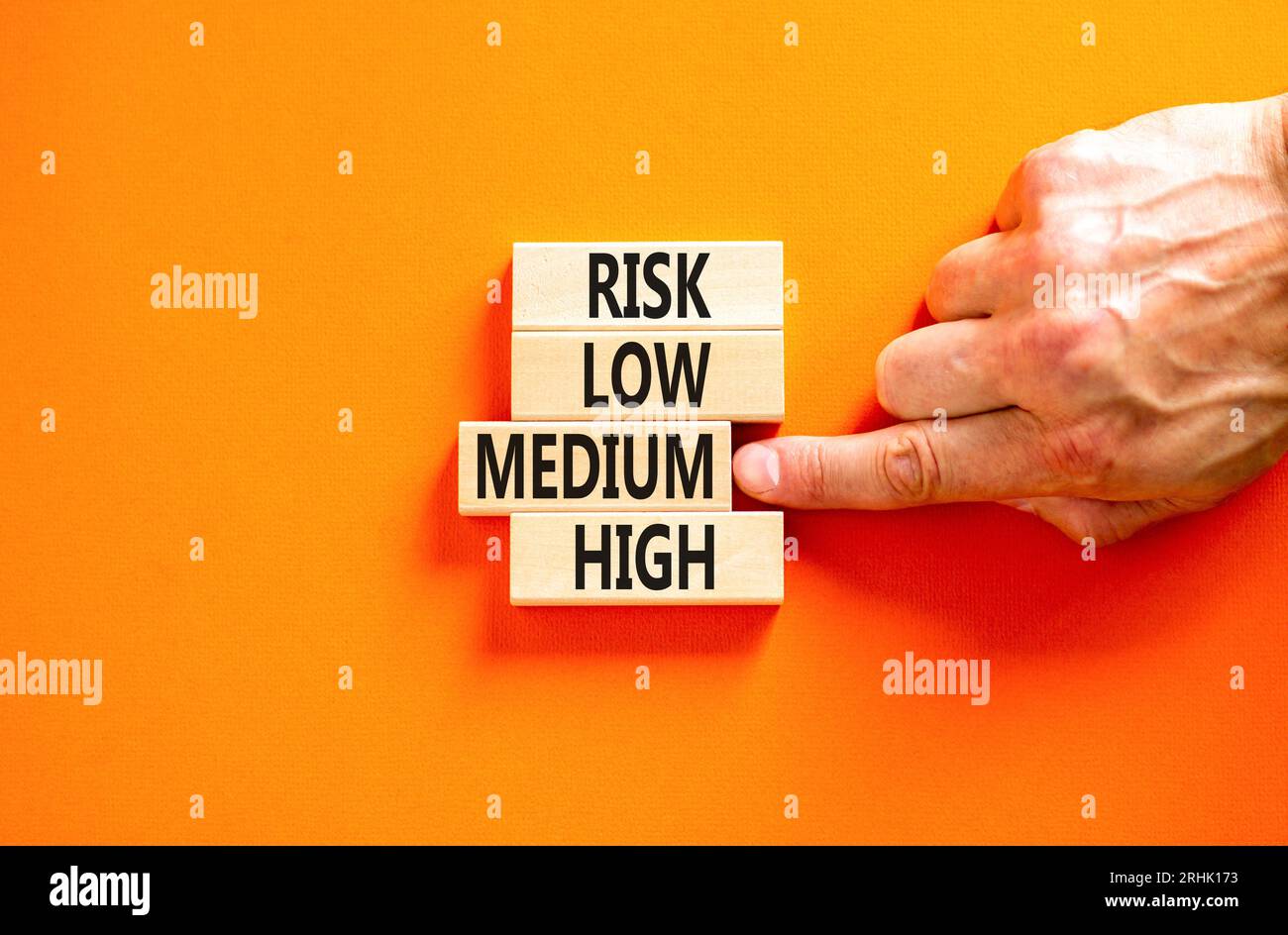 Time to medium risk symbol. Concept word Risk low medium high on wooden ...