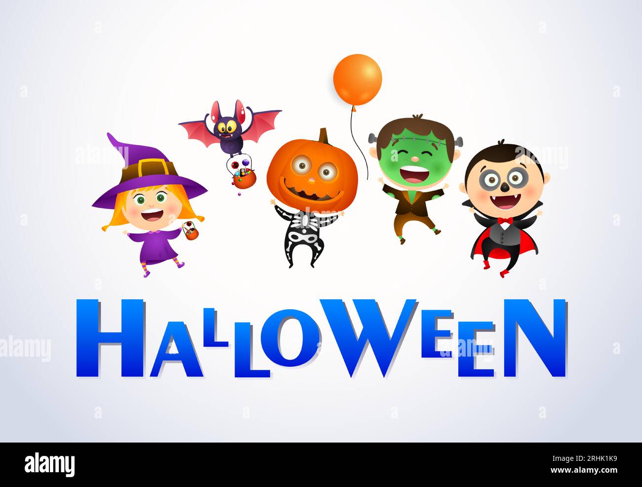 Halloween lettering and cheerful kids wearing monsters costumes Stock ...