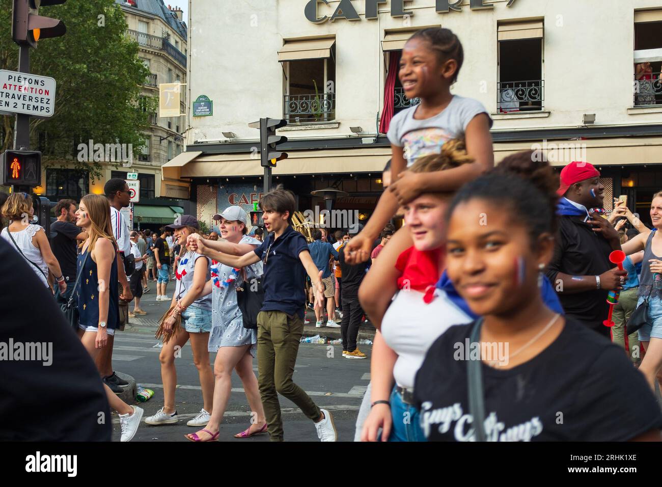 Paris, France, 2018. Happy young people gathering Place de la Bastille ...
