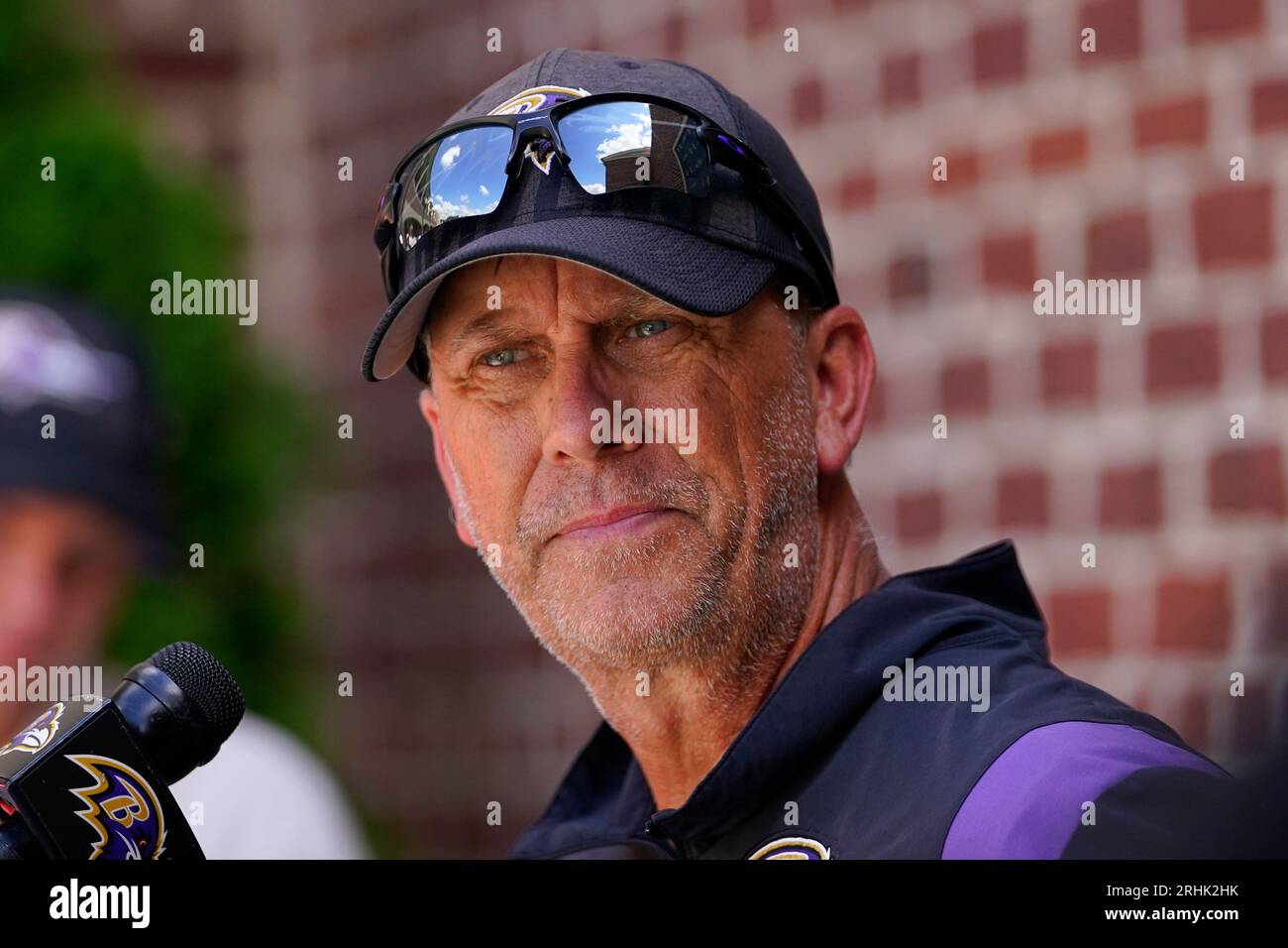 Baltimore Ravens offensive coordinator Todd Monken talks to reporters ...
