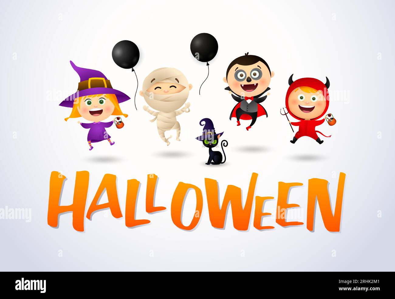 Halloween lettering, kids in monsters costumes and witch cat Stock ...