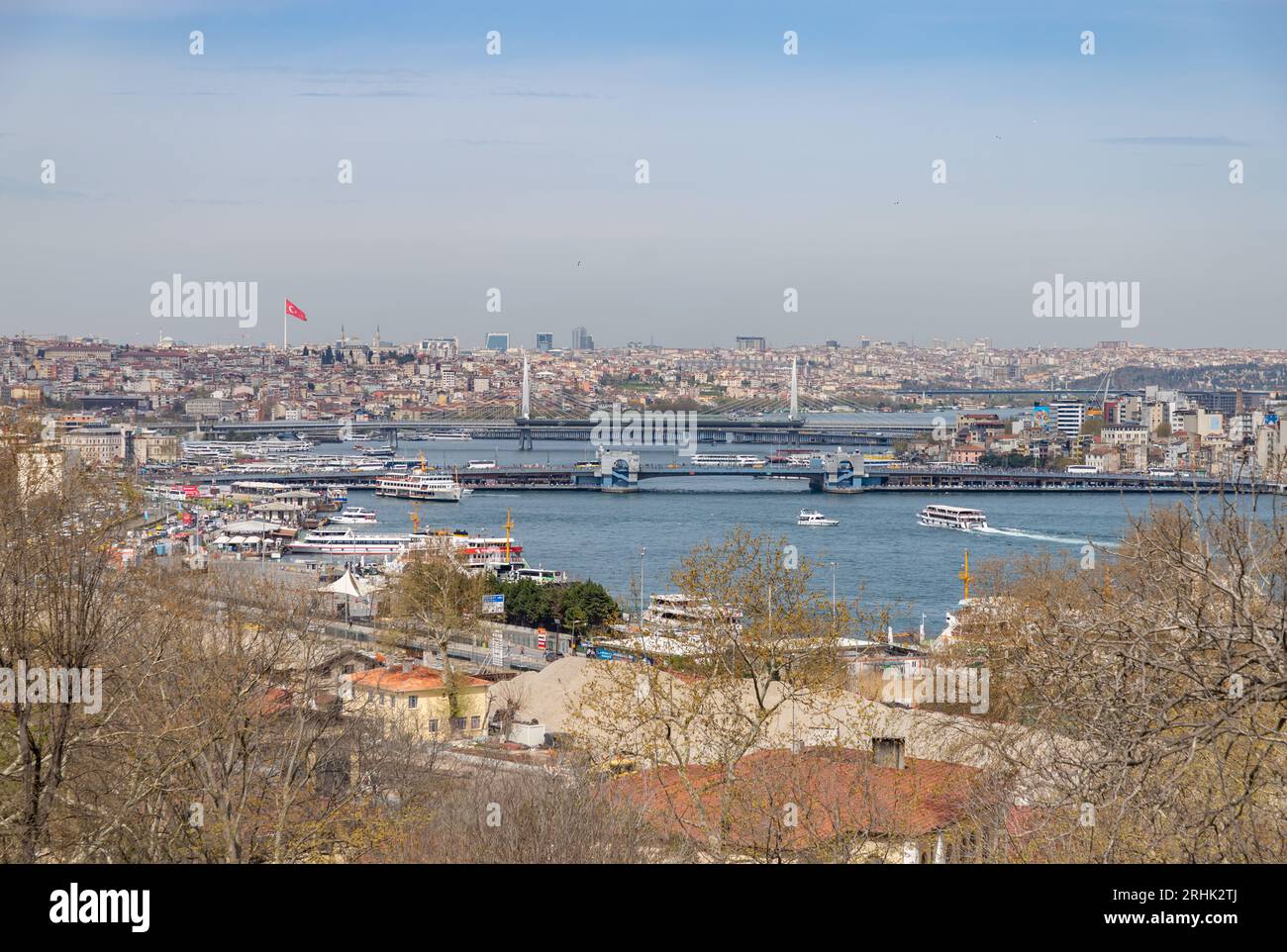 A picture of the Golden Horn through which four bridges can be seen ...