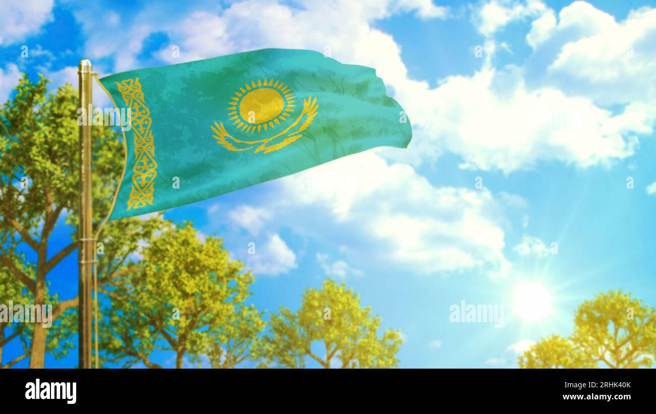 flag of Kazakhstan at sunny day, good ecology symbol - nature 3D ...
