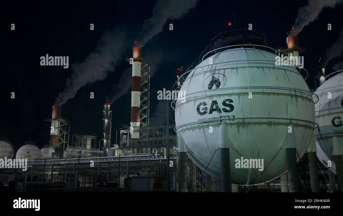 flammable gas or LNG storage tanks on refinery at night, fictional ...