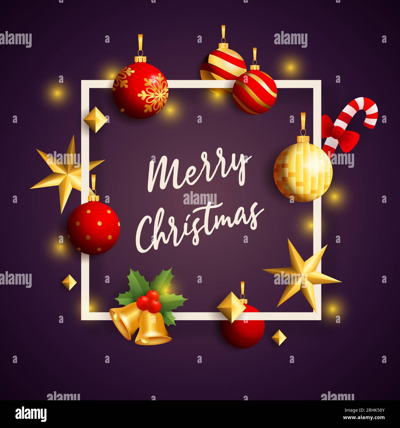 Merry Christmas banner in frame with decor on violet ground Stock ...