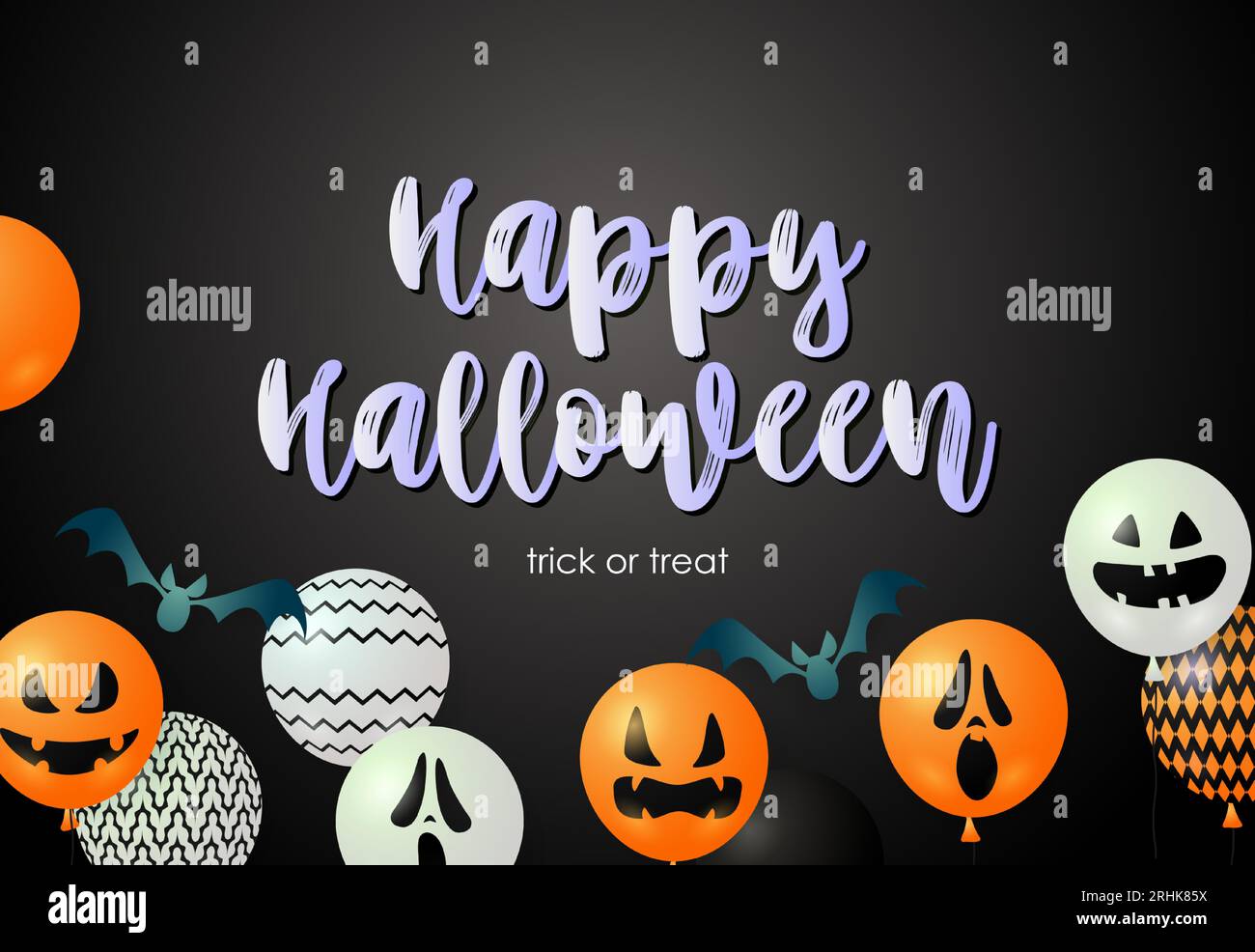 Happy Halloween lettering with with bats and ugly mask balloons Stock ...