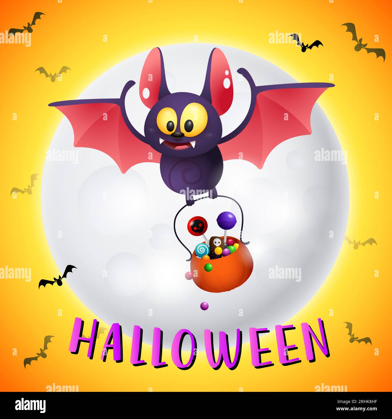 Halloween lettering and bat carrying cauldron with sweets Stock Vector ...