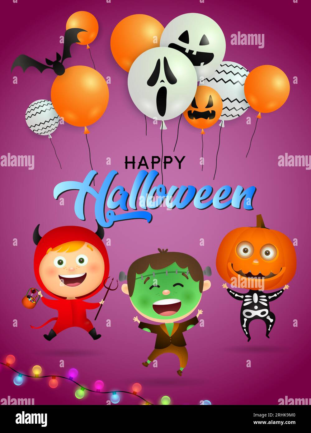 Happy Halloween greeting card design with zombie and demon girl Stock ...