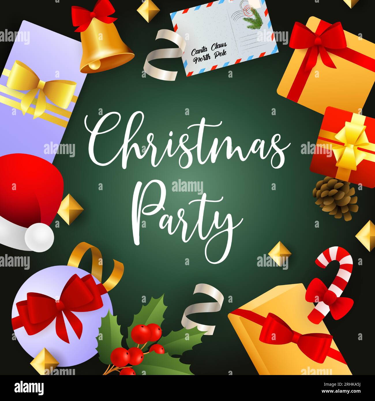 Christmas party banner with ribbons and presents on green ground Stock ...