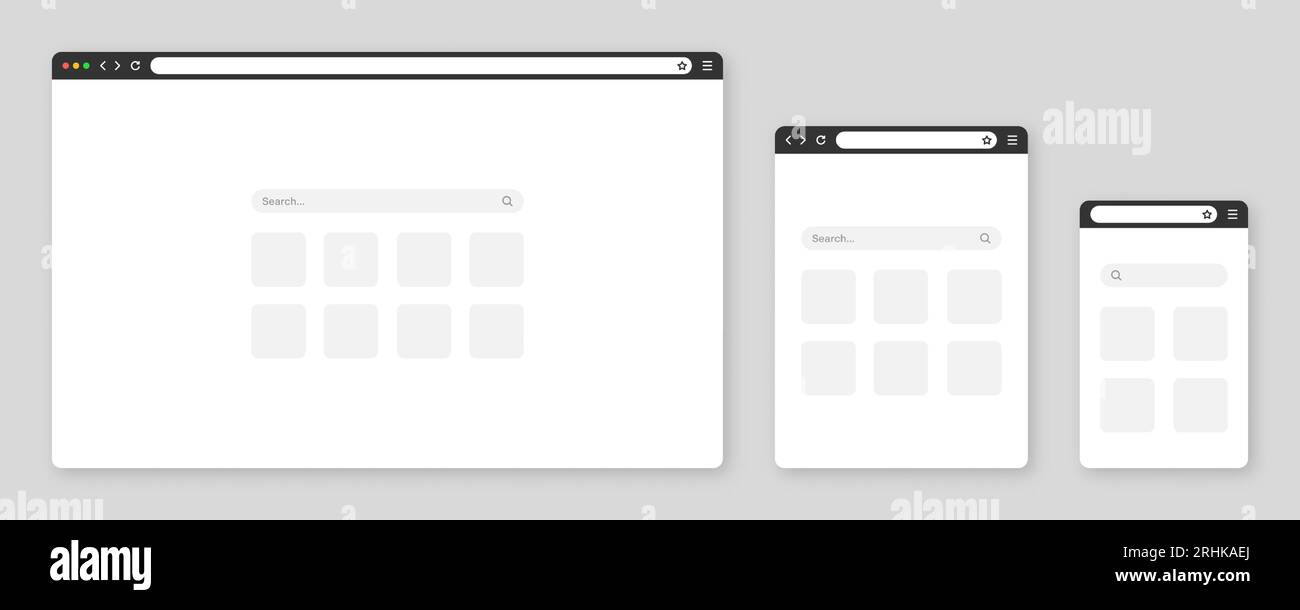 Blank web browser window with tab, toolbar and search field. Modern website, internet page in ...