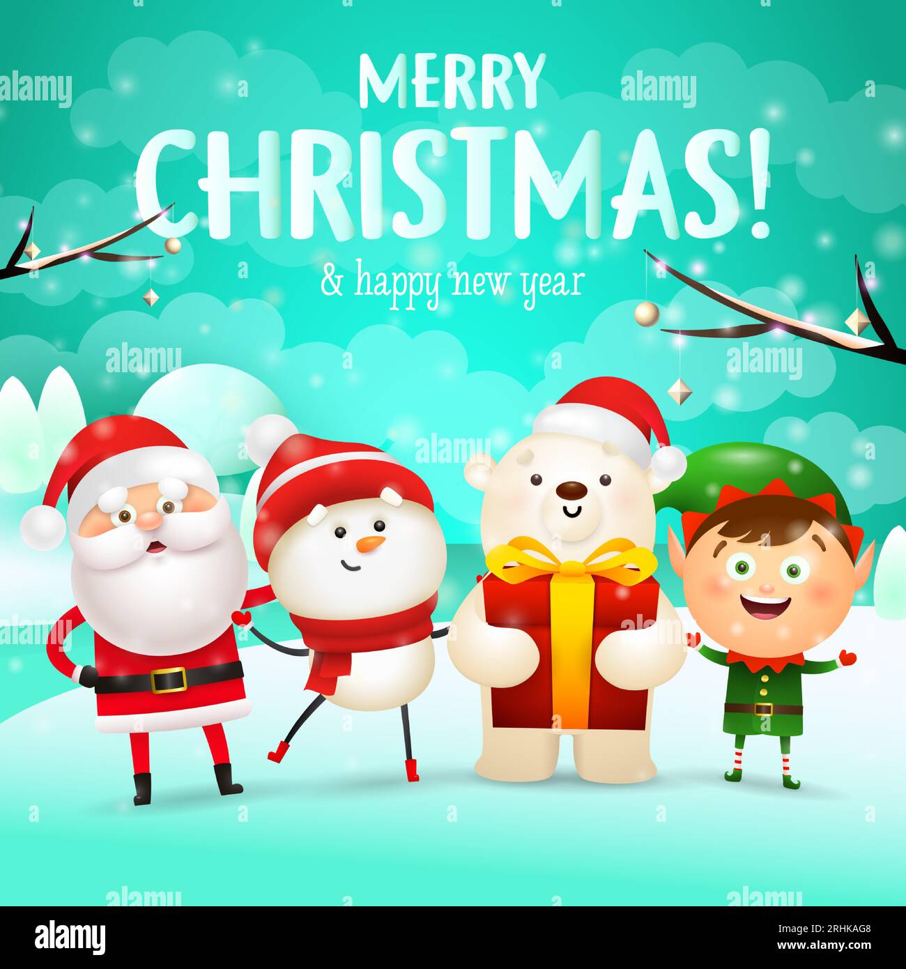 Merry Christmas and Happy New Year lettering with cartoon characters ...