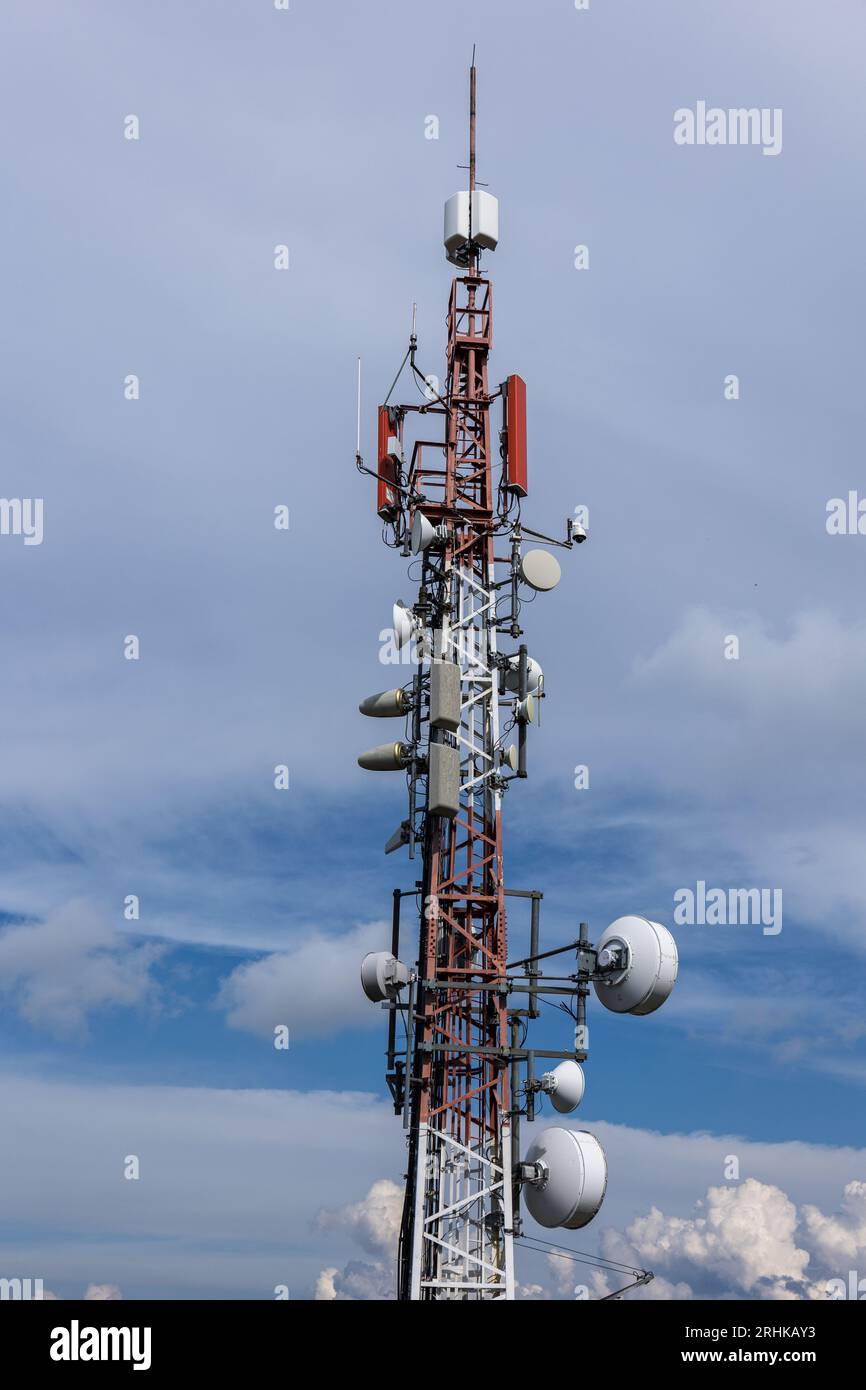 Steel broadcasting antenna tower with sky and clouds in background ...