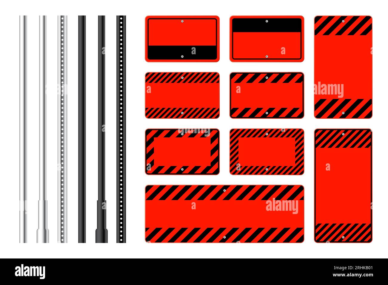 Warning, danger signs, attention banners with metal poles. Blank red ...