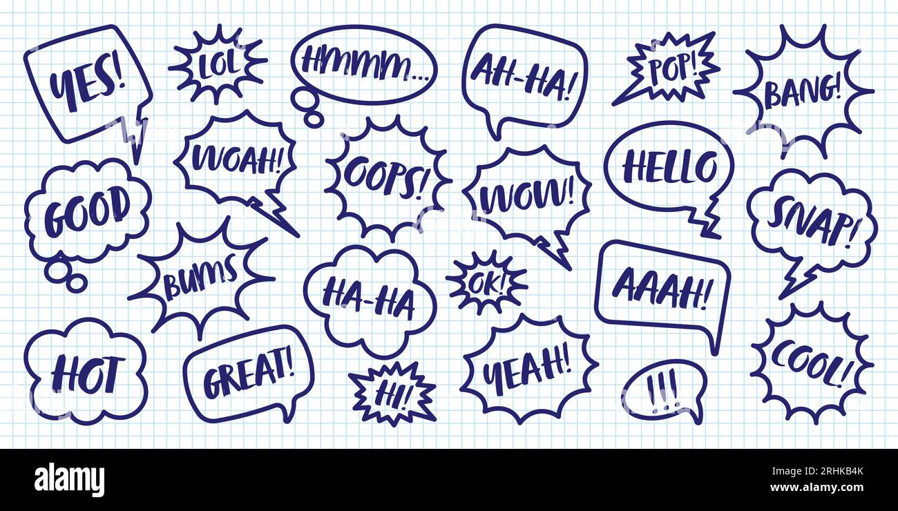 Hand drawn comic speech bubbles on checkered paper sheet. School ...