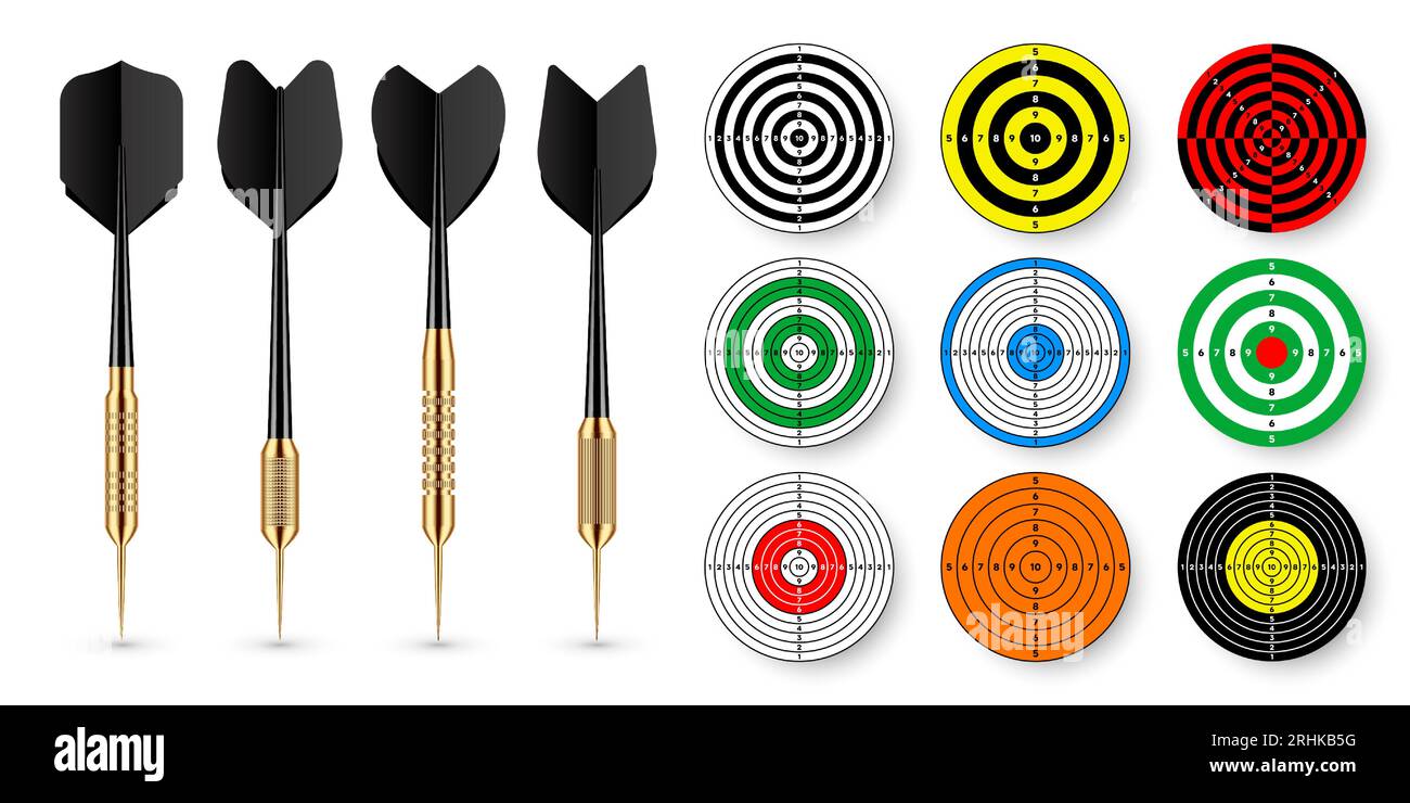 Paper targets with dart arrows and shadows. Shooting range round target ...