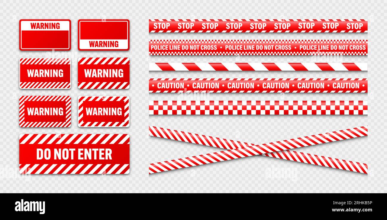 Various barricade construction tapes and warning shields. Red police ...