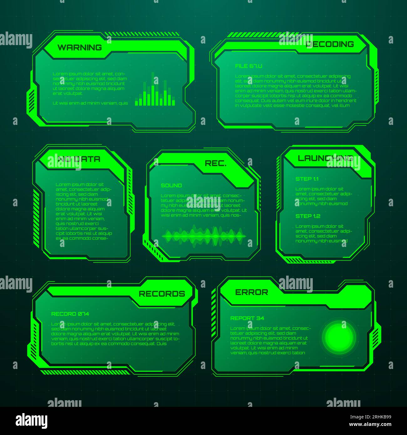 Green futuristic HUD, UI elements. Sci-fi user interface text boxes ...