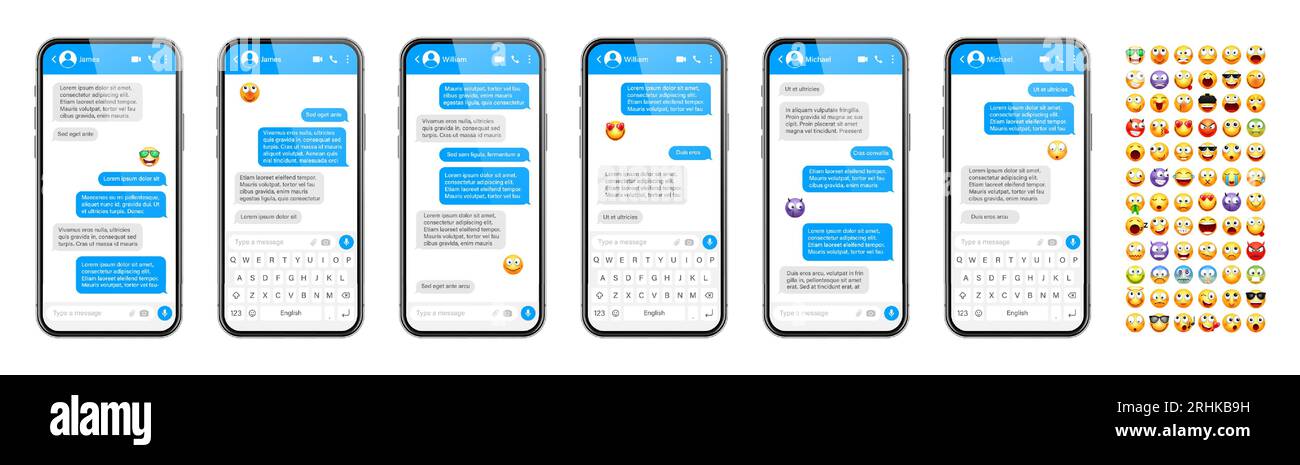 Smartphone messaging app, user interface design with emoji. SMS text ...