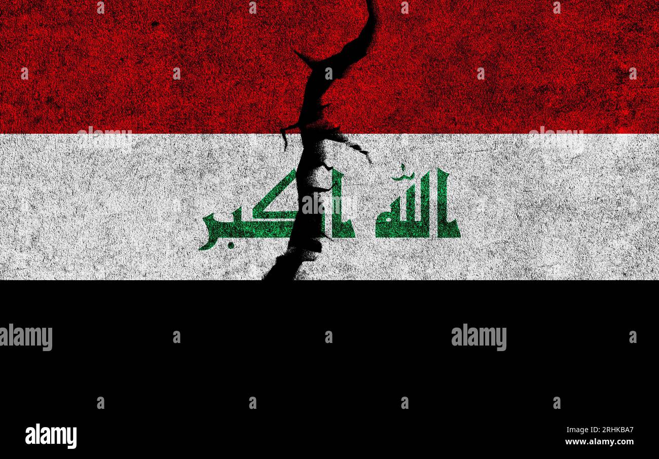 Iraq flag on cracked wall background. Iraq crisis, political division ...