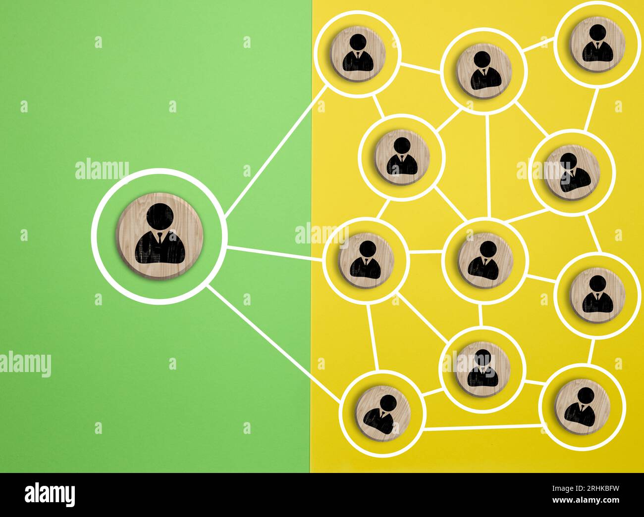 Wooden round block with staff icon which link connection network for ...