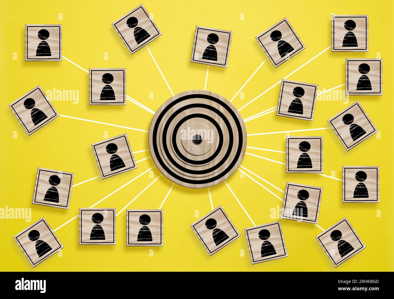 A wooden round target and wooden cubes with figure icon are connected ...