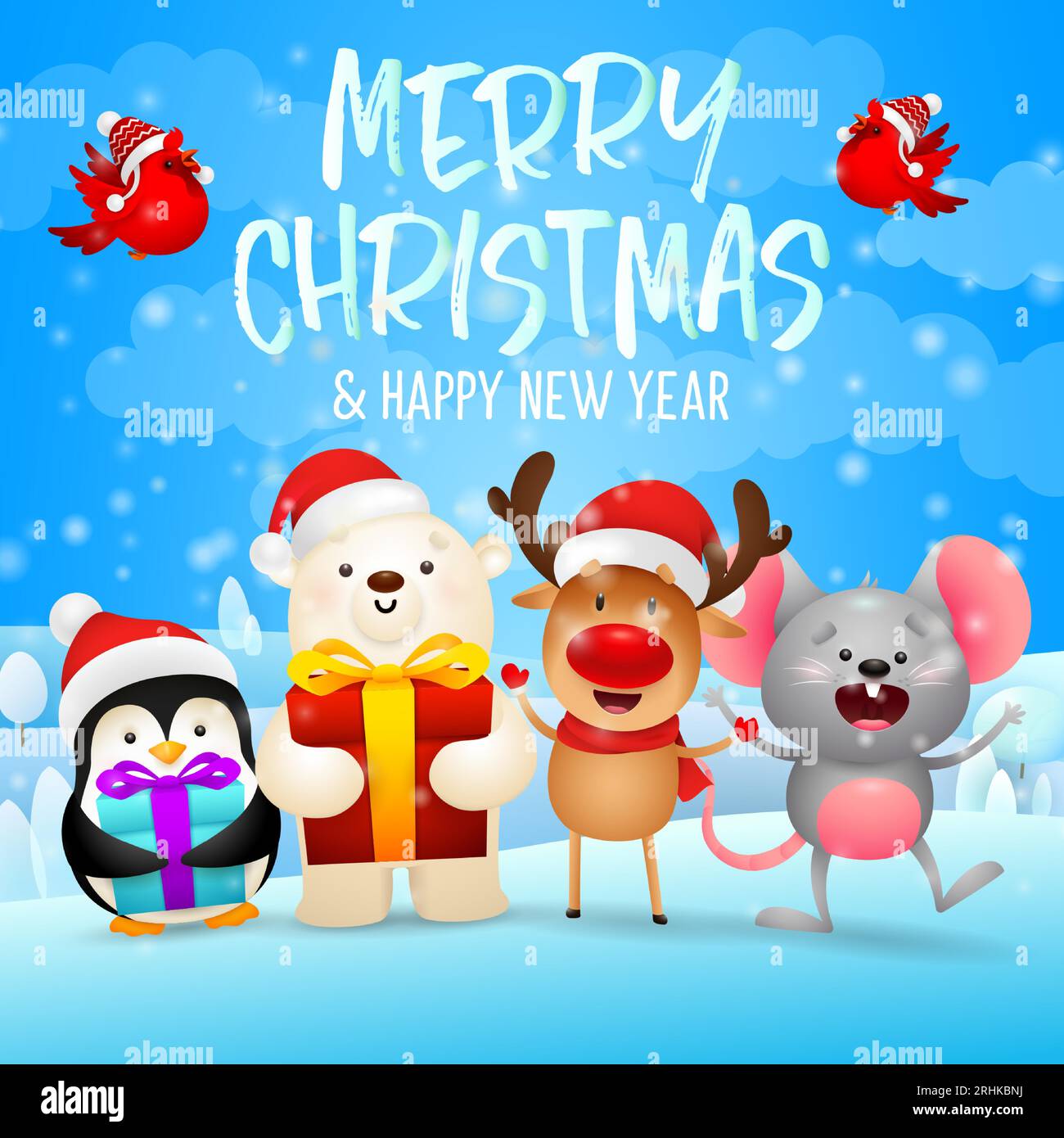 Merry Christmas lettering, polar bear, penguin, mouse, reindeer Stock ...