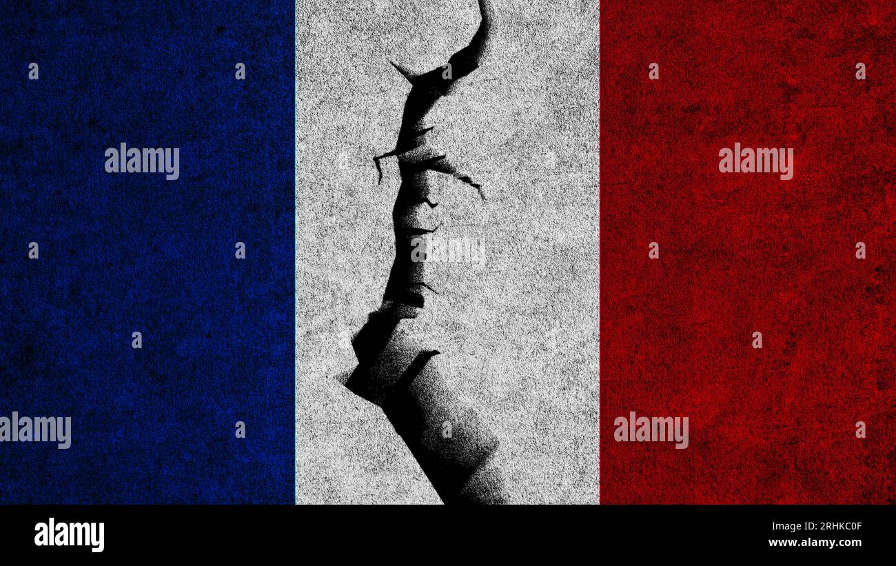 France flag on cracked wall background. France crisis, political ...