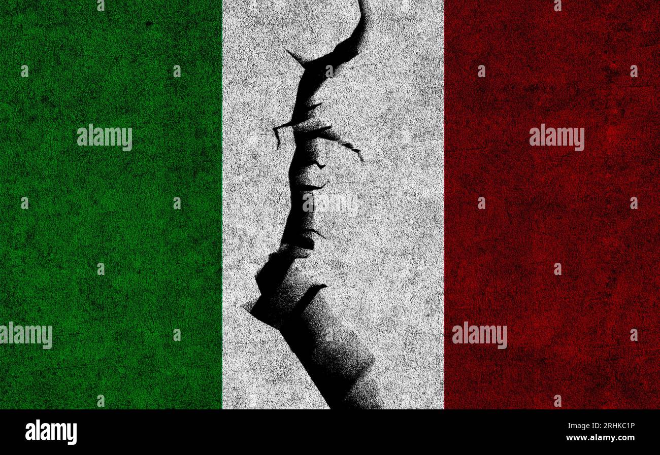 Italy flag on cracked wall background. Italy crisis, political division ...