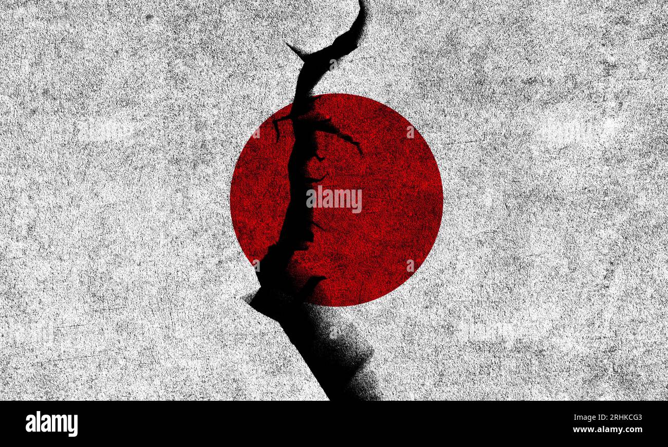 Japan flag on cracked wall background. Japan crisis, political division ...