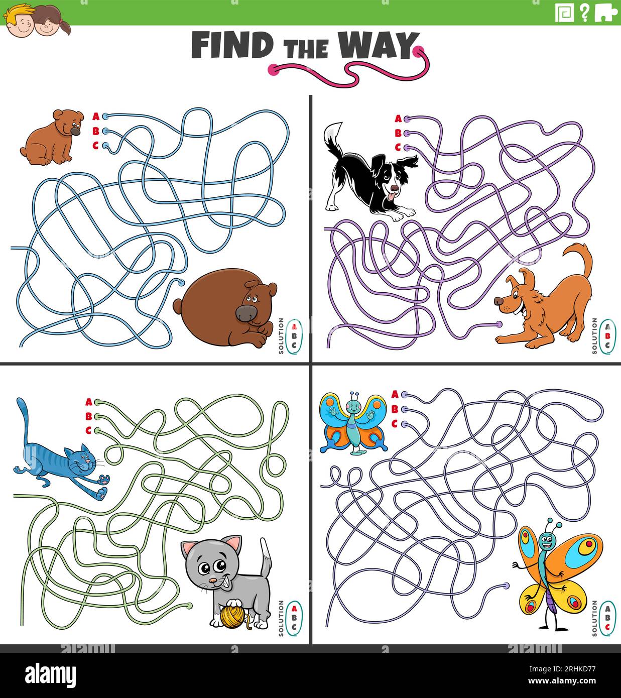 Cartoon illustration of find the way maze puzzle games set with comic ...