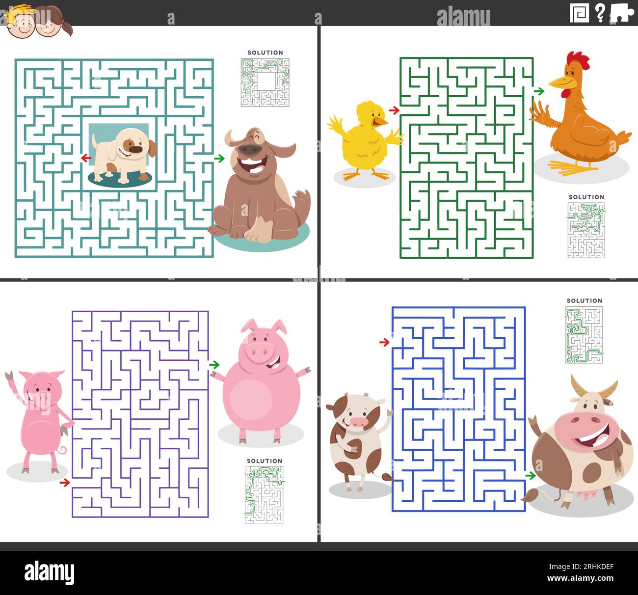 Cartoon illustration of educational maze puzzle activities set with ...