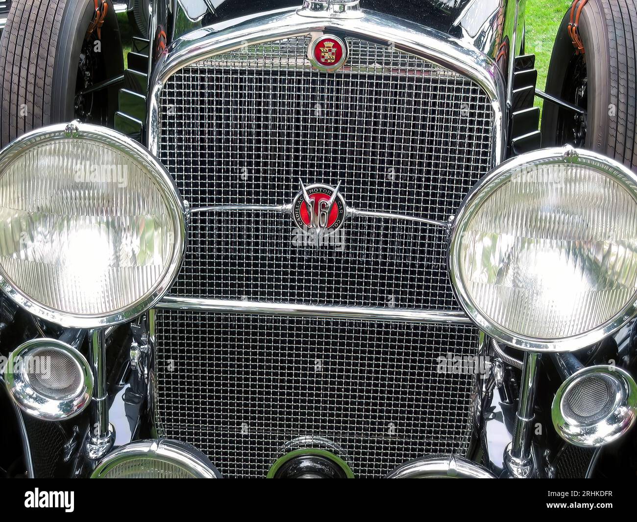 Close up grill of a restored vintage automobile at an outdoor car show ...