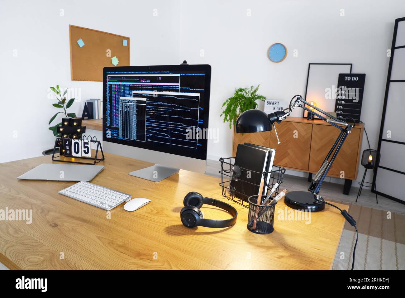 Programmer's workplace with computer in interior of office Stock Photo ...