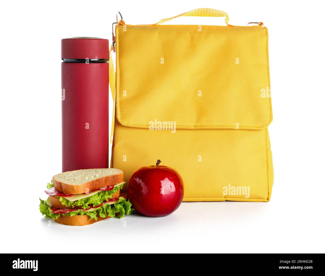 Lunch box bag with thermos, apple and sandwich isolated on white ...